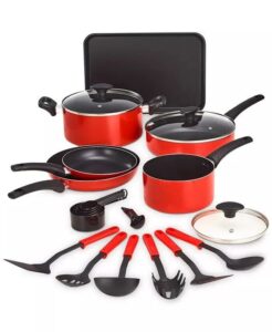 bella soft grip healthy ceramic nonstick, 17 piece cookware pots and pans set, pfas-free, dishwasher safe, red