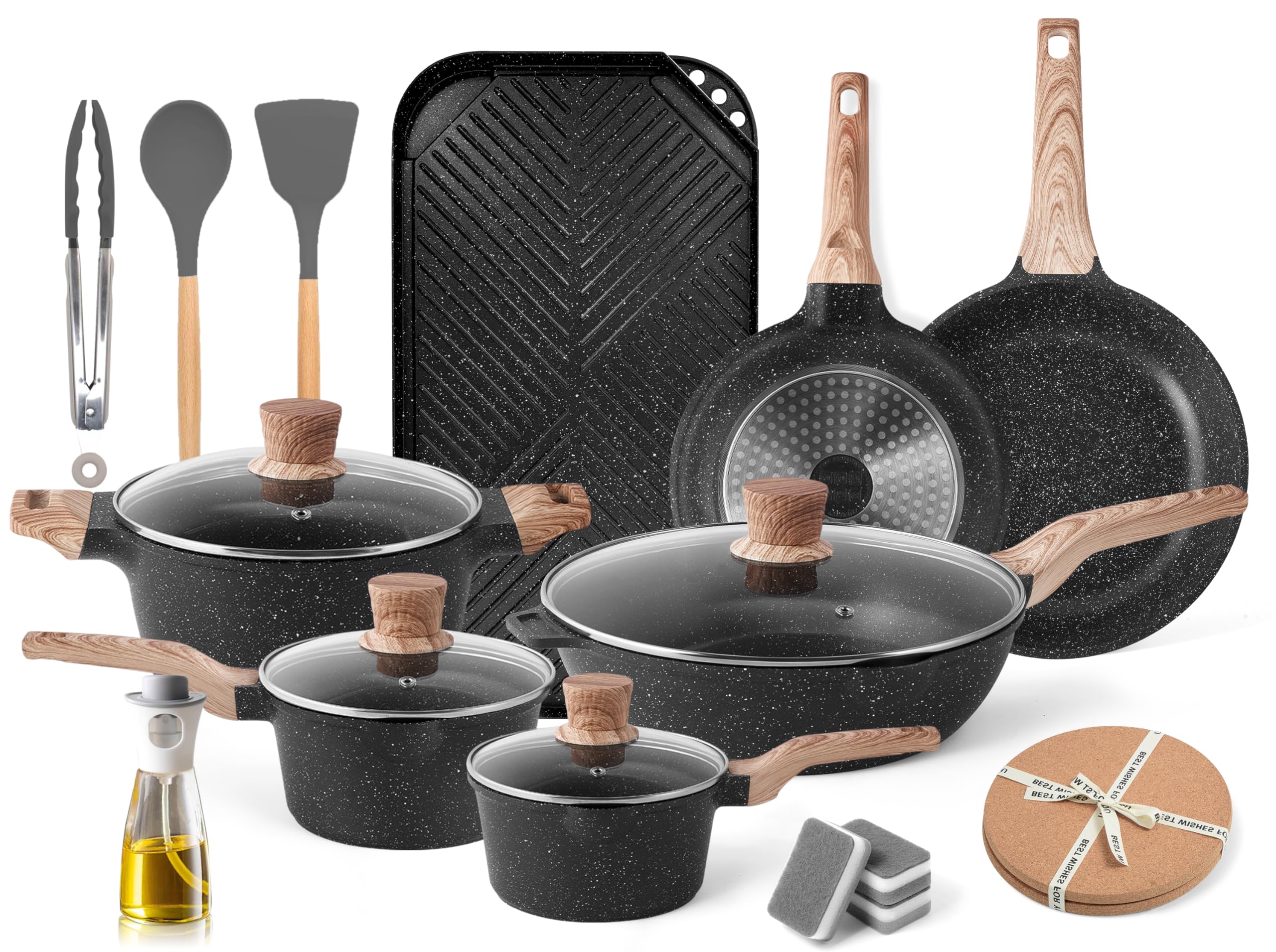 Pots and Pans Set - Caannasweis Nonstick Granite Stone Cookware Sets, Induction casseroles & Saucepan & Frying Pans for Cooking, PFOS PFOA Free, Grill Griddle Black