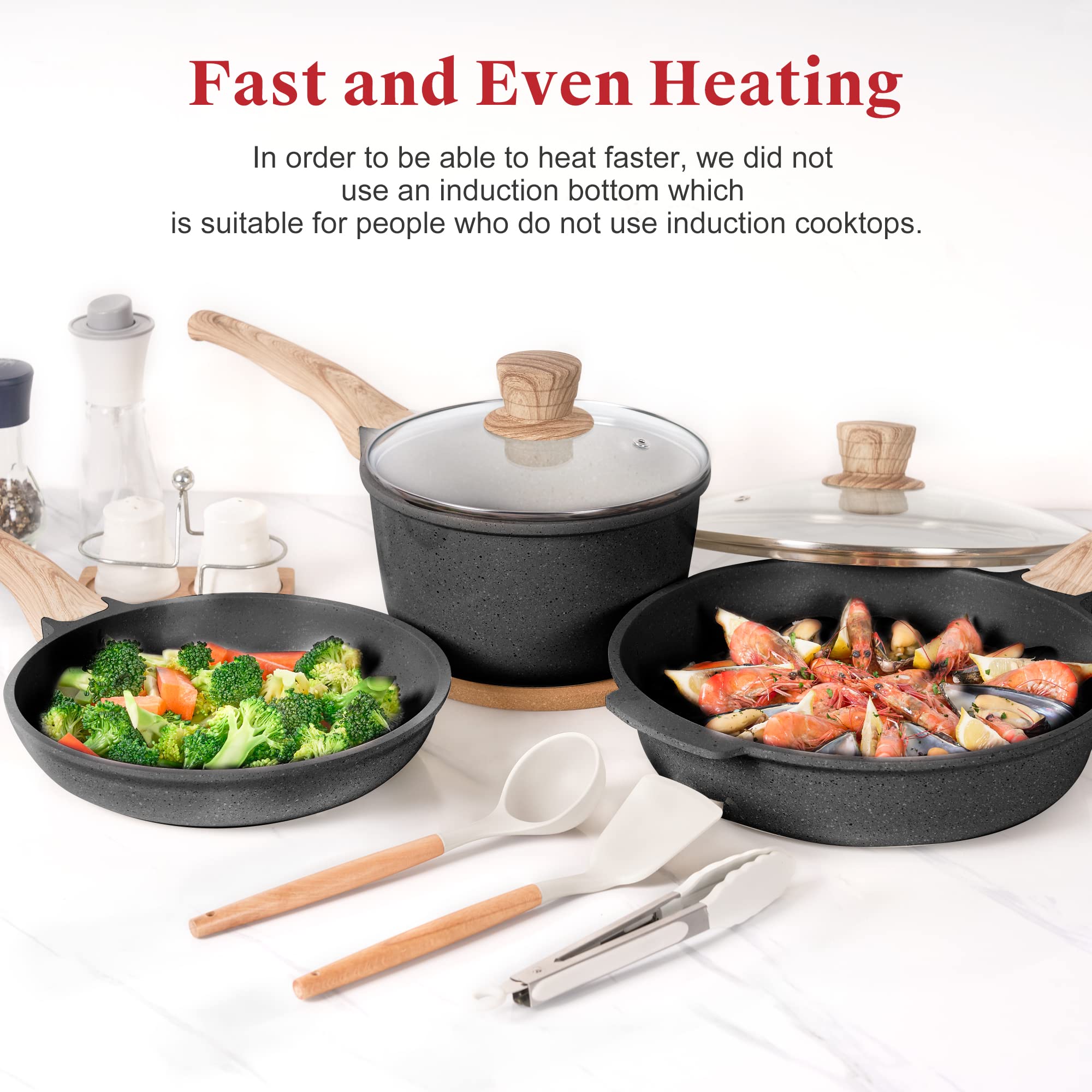 Pots and Pans Set - Caannasweis Nonstick Granite Stone Cookware Sets, Induction casseroles & Saucepan & Frying Pans for Cooking, PFOS PFOA Free, Grill Griddle Black