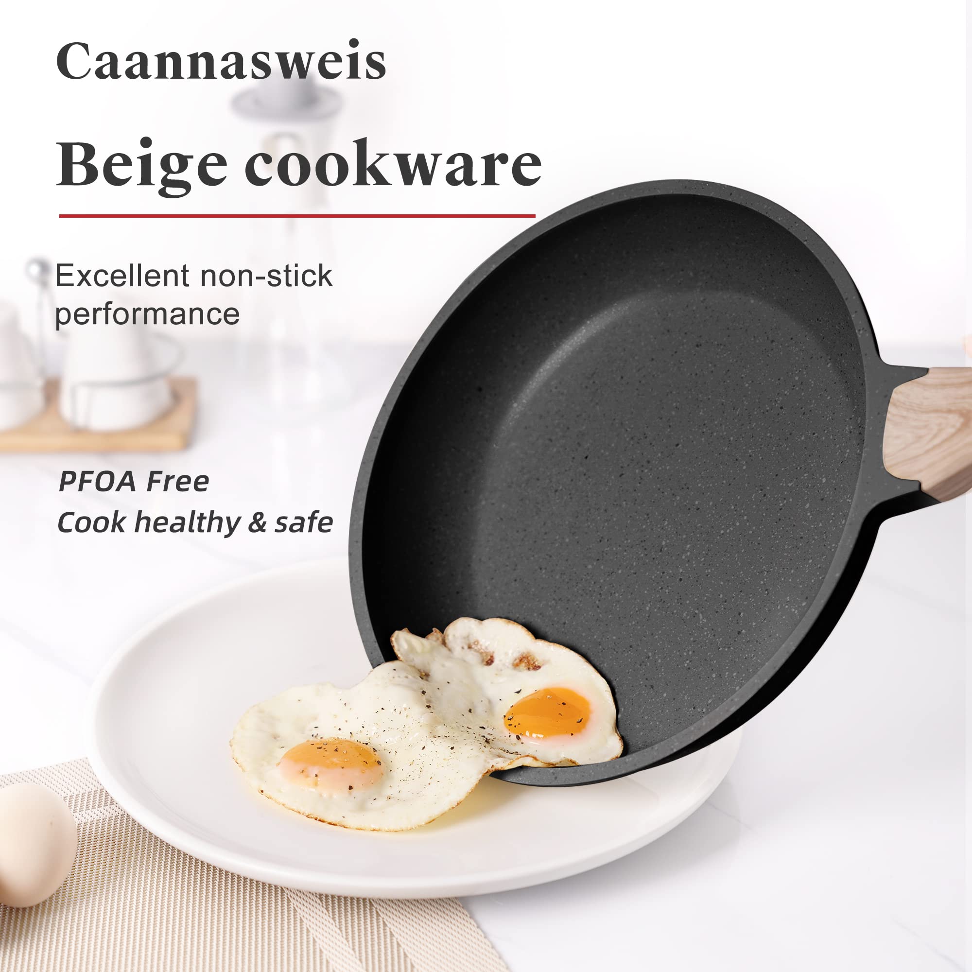 Pots and Pans Set - Caannasweis Nonstick Granite Stone Cookware Sets, Induction casseroles & Saucepan & Frying Pans for Cooking, PFOS PFOA Free, Grill Griddle Black