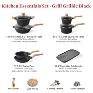 Pots and Pans Set - Caannasweis Nonstick Granite Stone Cookware Sets, Induction casseroles & Saucepan & Frying Pans for Cooking, PFOS PFOA Free, Grill Griddle Black