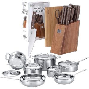 deco chef 12-piece stainless steel professional cookware set with tri-ply base and 16-piece stainless steel knife set with full tang wooden handles, cutting board, and kitchen shears