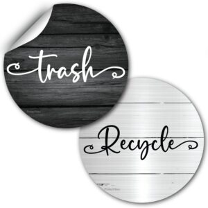 recycle and trash stickers for kitchen trash cans and recycling bins, indoor trash and recycle sticker combo for garbage can logo symbol, 2 decals adhesives, 6.5 inch circle decal for outdoor