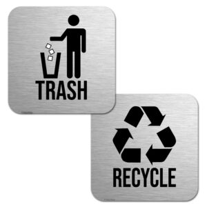 recycle and trash magnets for kitchen trash cans and recycling bins, indoor trash and recycle magnet combo for garbage can logo symbol, 2 magnetic sticker adhesives, 5.5 inch square, outdoor waste bin