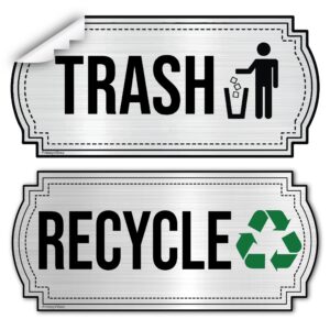 recycle and trash stickers for kitchen trash cans and recycling bins, indoor trash and recycle sticker combo for garbage can logo symbol, 2 silver decals, 6.5" x 3" elegant style with split-back