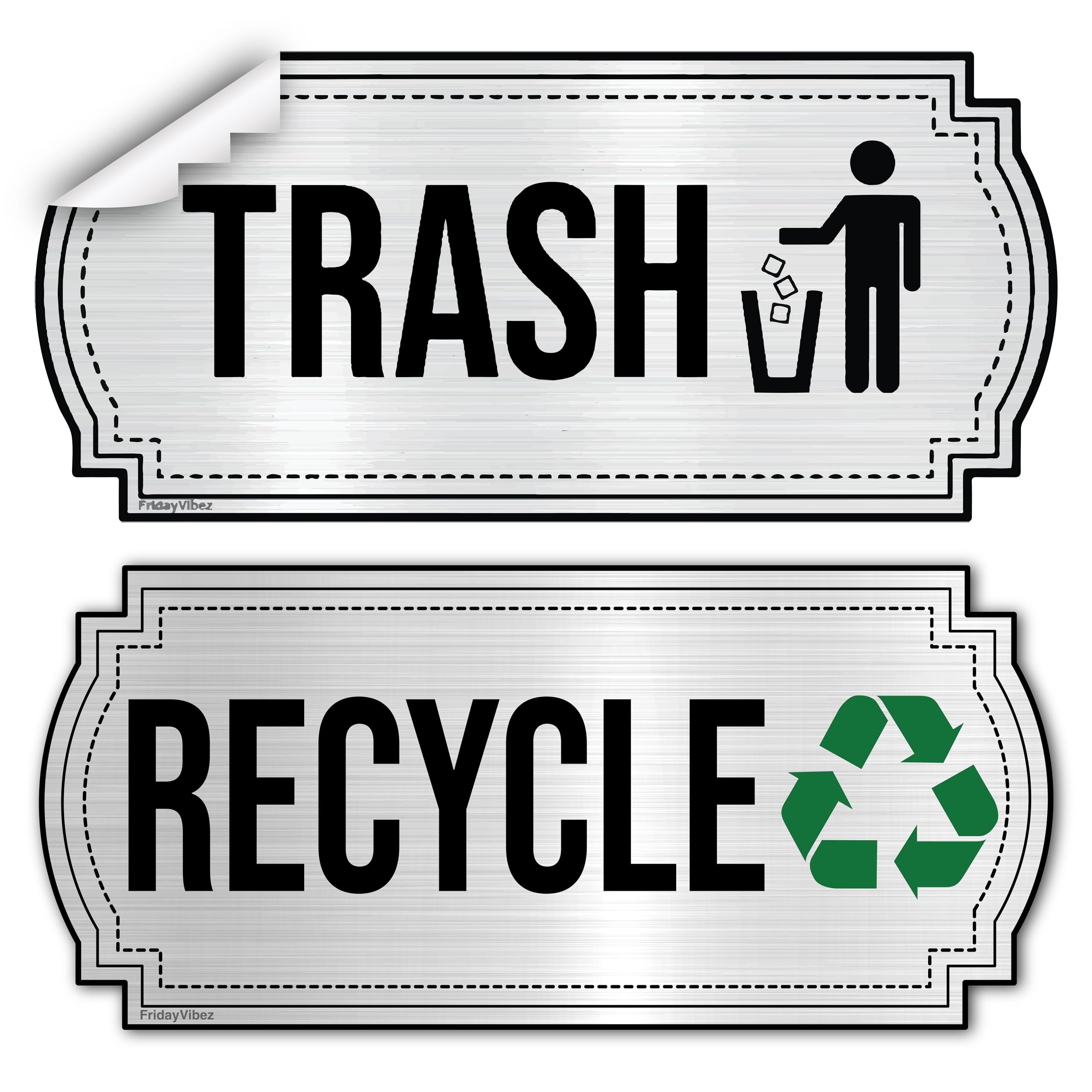 Recycle and Trash Stickers for Kitchen Trash Cans and Recycling Bins, Indoor Trash and Recycle Sticker Combo for Garbage Can Logo Symbol, 2 Silver Decals, 6.5" x 3" Elegant Style with Split-back