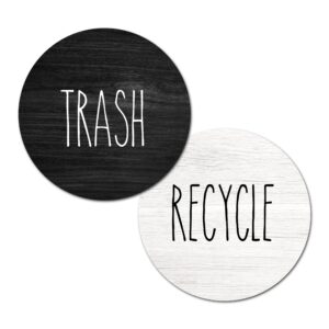 rustic recycle and trash magnets for kitchen trash cans and recycling bins, trash and recycle magnet combo for garbage can logo symbol, 2 magnetic sticker adhesives, 3.5" circle, outdoor waste bin