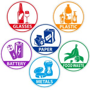 6 pieces recycle sticker decal for trash can, re-adjustable waterproof bin labels paper metal plastic glass waste sorting recycling sticker sign for use at home and office