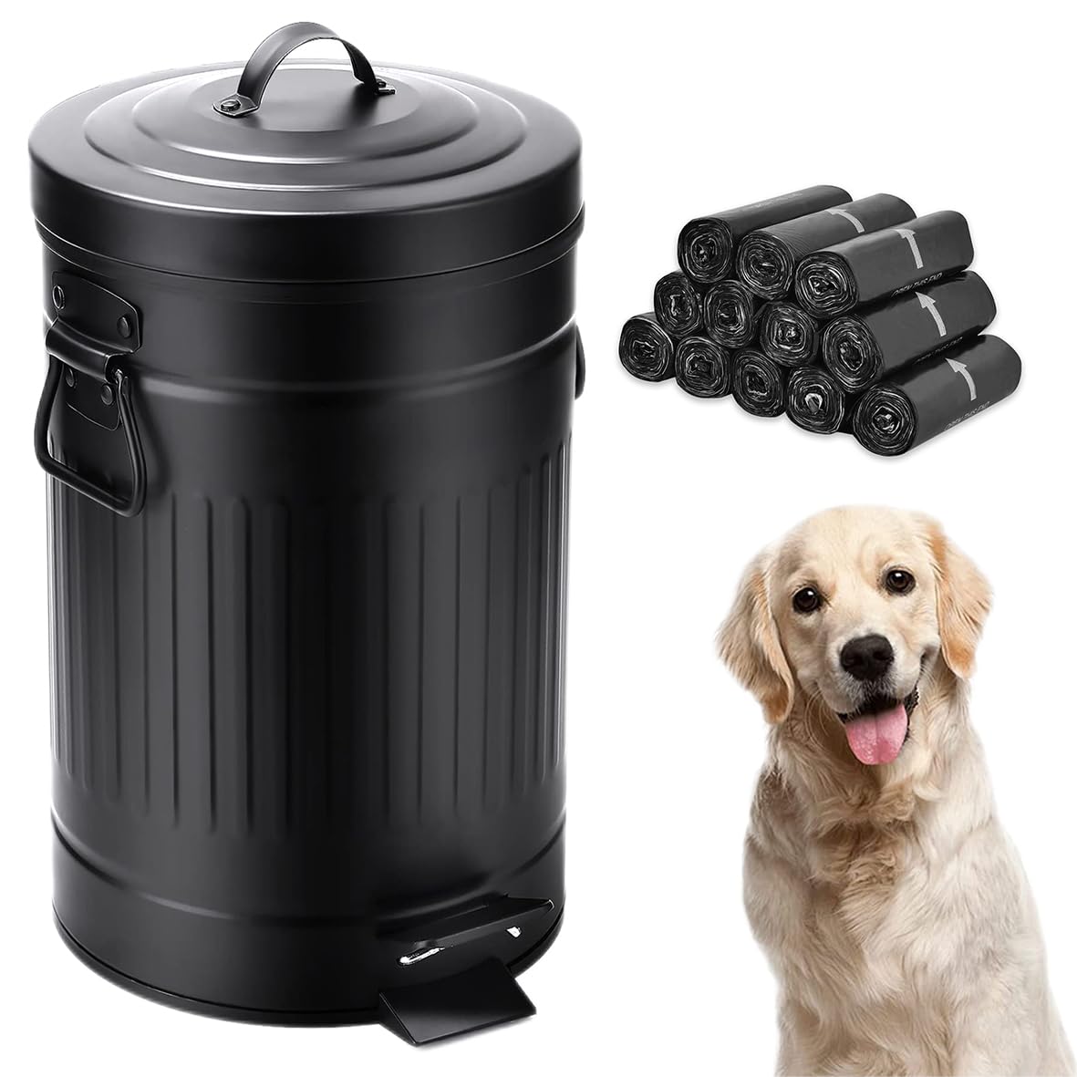 Umtiti Dog Poop Trash Can with Lid for Outdoors，12-Liter Trash Can with 180PCS Black Plastic Bags, Pet Waste Container，Black-Y+180BK