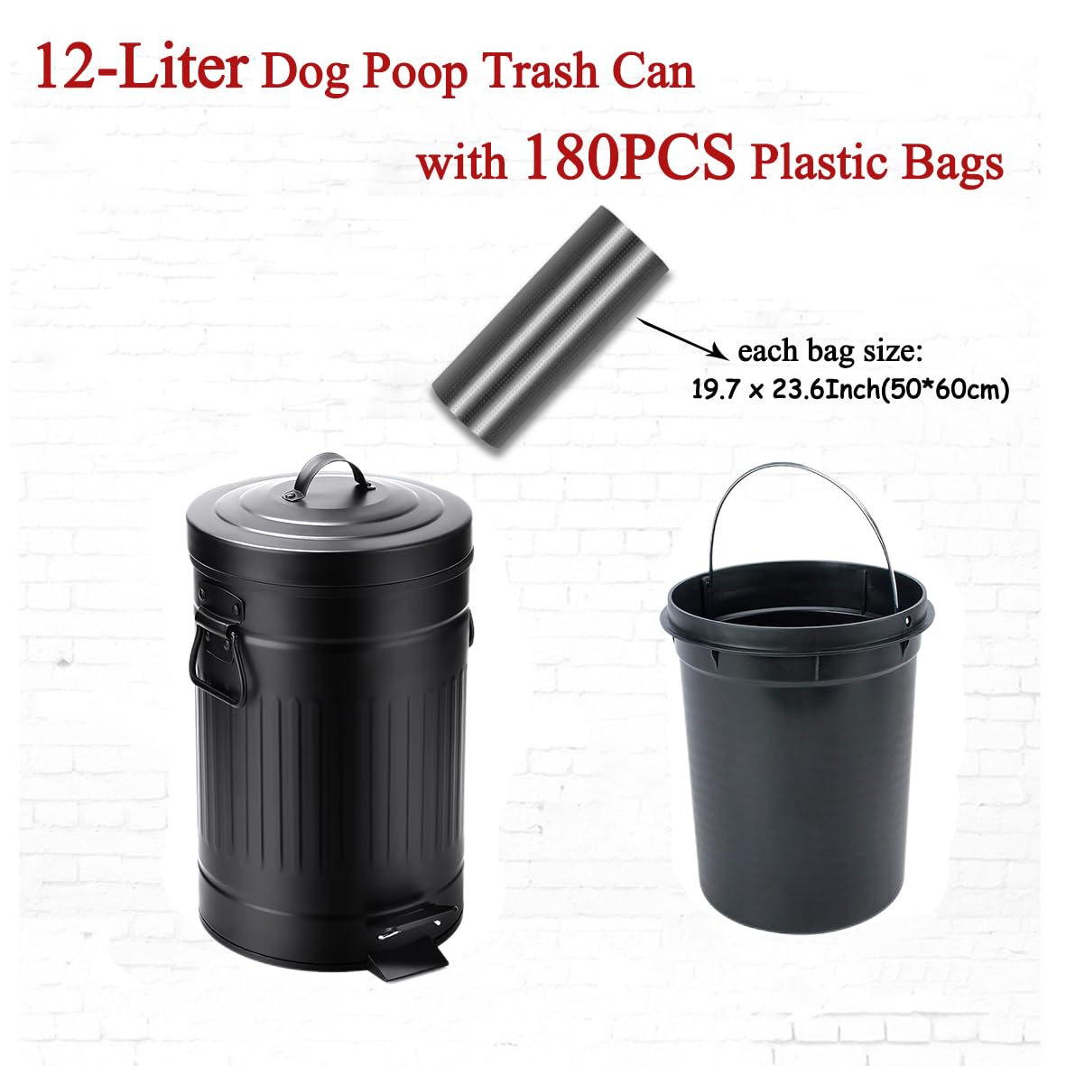 Umtiti Dog Poop Trash Can with Lid for Outdoors，12-Liter Trash Can with 180PCS Black Plastic Bags, Pet Waste Container，Black-Y+180BK