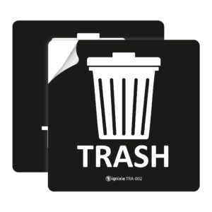 ignixia pack of 02 trash sign decals self adhesive - recycling stickers 5 x 5 inches recycle and trash sticker for trash can - recycle labels (black) with over lamination