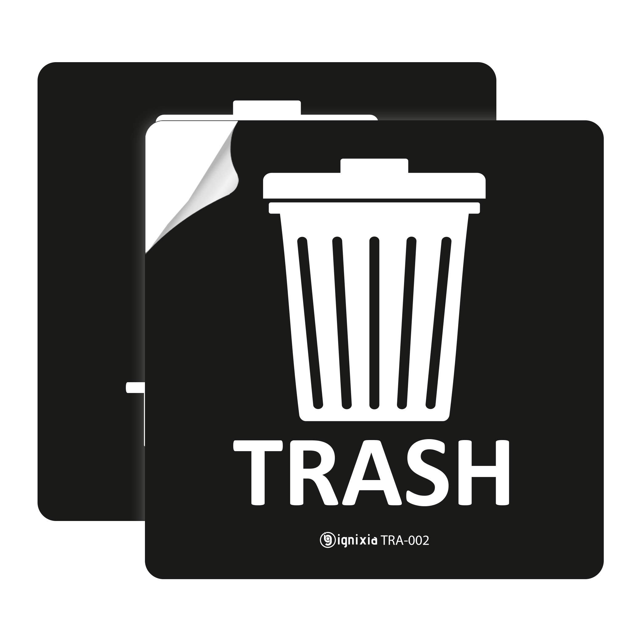 IGNIXIA Pack of 02 Trash Sign Decals self Adhesive - Recycling Stickers 5 x 5 Inches Recycle and Trash Sticker for Trash can - Recycle Labels (Black) with Over Lamination