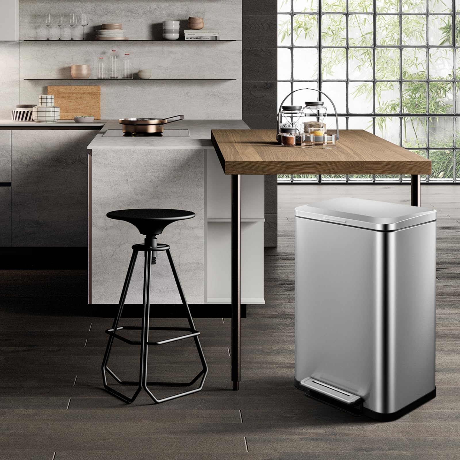 Fashionwu Kitchen Trash Can, Stainless Steel 50 Liter / 13 Gallon Garbage Can, Rectangular Steel Pedal Recycle Bin with Lid and Inner Buckets, Rectangular Hands-Free Kitchen Trash Can