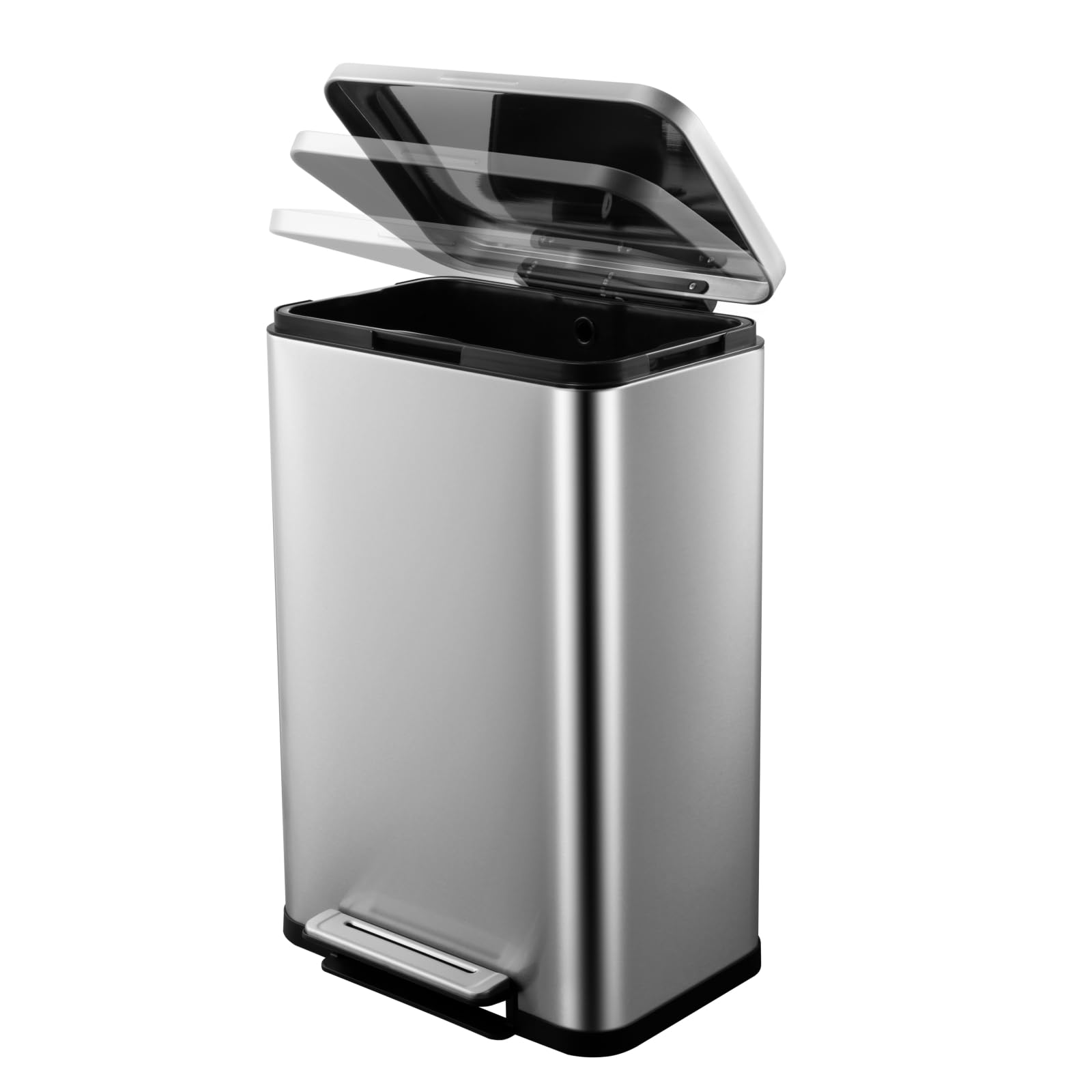 Fashionwu Kitchen Trash Can, Stainless Steel 50 Liter / 13 Gallon Garbage Can, Rectangular Steel Pedal Recycle Bin with Lid and Inner Buckets, Rectangular Hands-Free Kitchen Trash Can