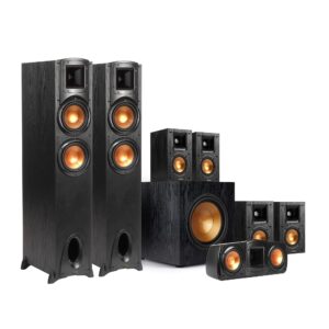 klipsch synergy black label f-200 7.1 powerful and efficient home theater system with 12" front-firing subwoofer and tractrix horn technology for cinema-quality sound