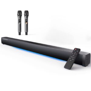 thomson sound bars for tv, hifi tv speakers home theater soundbar with 2 wireless microphones, surround stereo sound system with hdmi arc/optical/aux/usb, wall mountable, remote control included