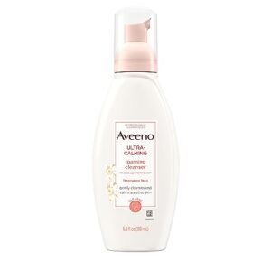 aveeno ultra-calming foaming cleanser & makeup remover facial cleanser with calming feverfew, face wash for dry & sensitive skin, hypoallergenic, fragrance-free & non-comedogenic, unscented, 6 fl oz