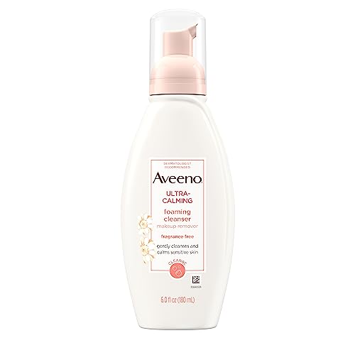 Aveeno Ultra-Calming Foaming Cleanser & Makeup Remover Facial Cleanser with Calming Feverfew, Face Wash for Dry & Sensitive Skin, Hypoallergenic, Fragrance-Free & Non-Comedogenic, Unscented, 6 Fl Oz