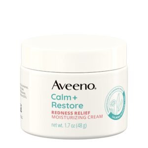 aveeno calm + restore redness relief moisturizing cream, daily facial cream for sensitive skin instantly calms & soothes the appearance of redness, fragrance-free & hypoallergenic, 1.7 oz