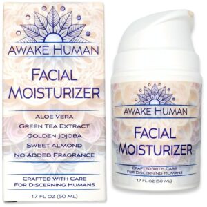 awake human natural face moisturizer with aloe and green tea, facial moisturizer for dry skin, face cream for sensitive skin, no added fragrance