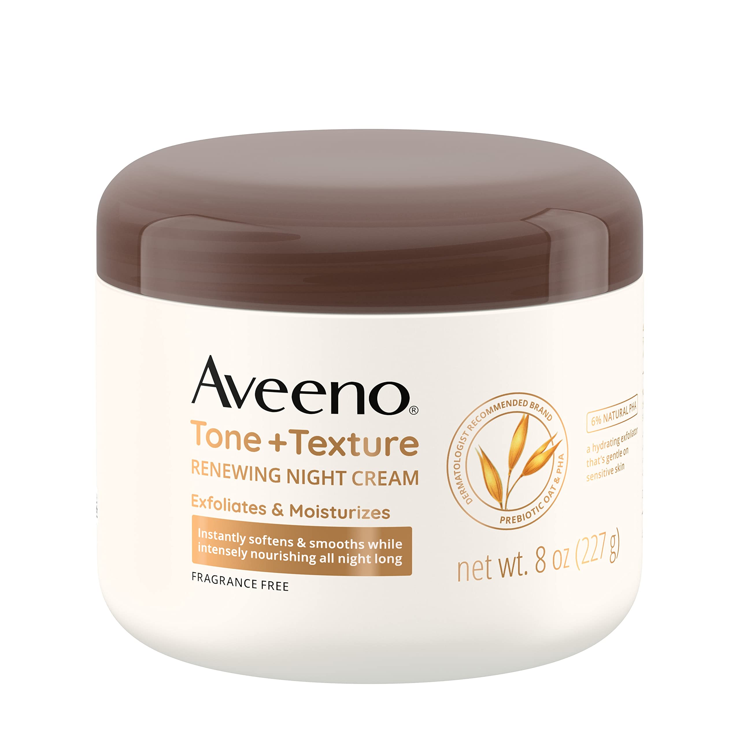 Aveeno Tone + Texture Renewing Body Night Cream With Prebiotic Oat, Gently Exfoliates & Moisturizes Sensitive Skin, Instantly Softens & Smooths & Intensely Nourishes, Fragrance-Free, 8 oz