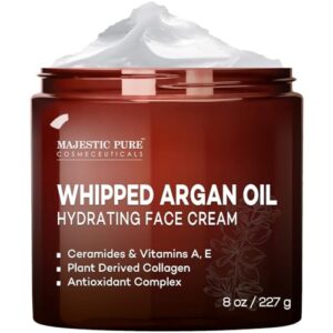 majestic pure whipped argan oil moisturizer face cream for women & men - with vitamin e a, collagen & ceramides - hydrates dry skin, oily skin, reduces appearance of fine lines – 8oz