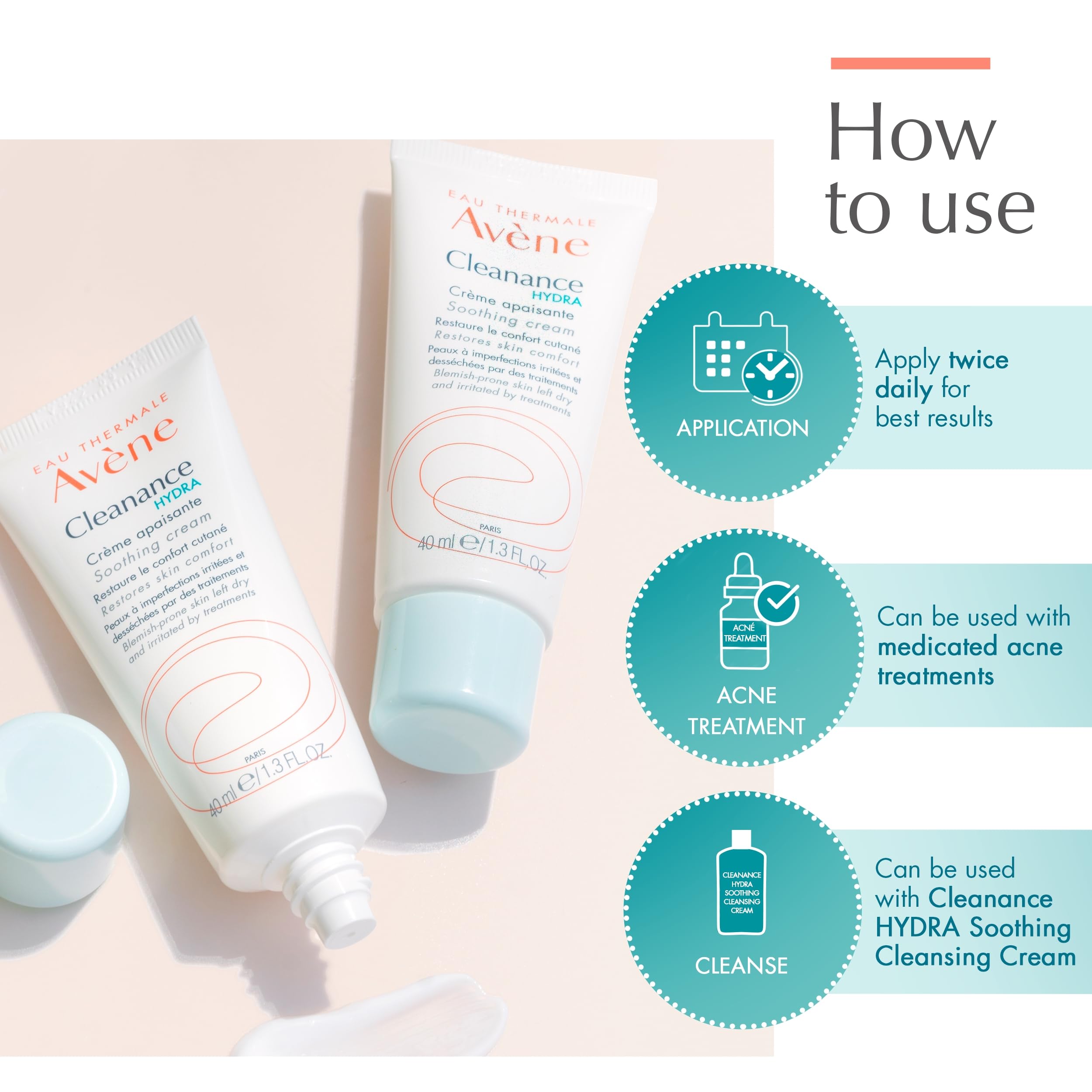 Eau Thermale Avène Cleanance HYDRA Soothing Cream, Rich Moisturizer, Adjunctive Care for Drying Acne Treatments, 1.3 oz.