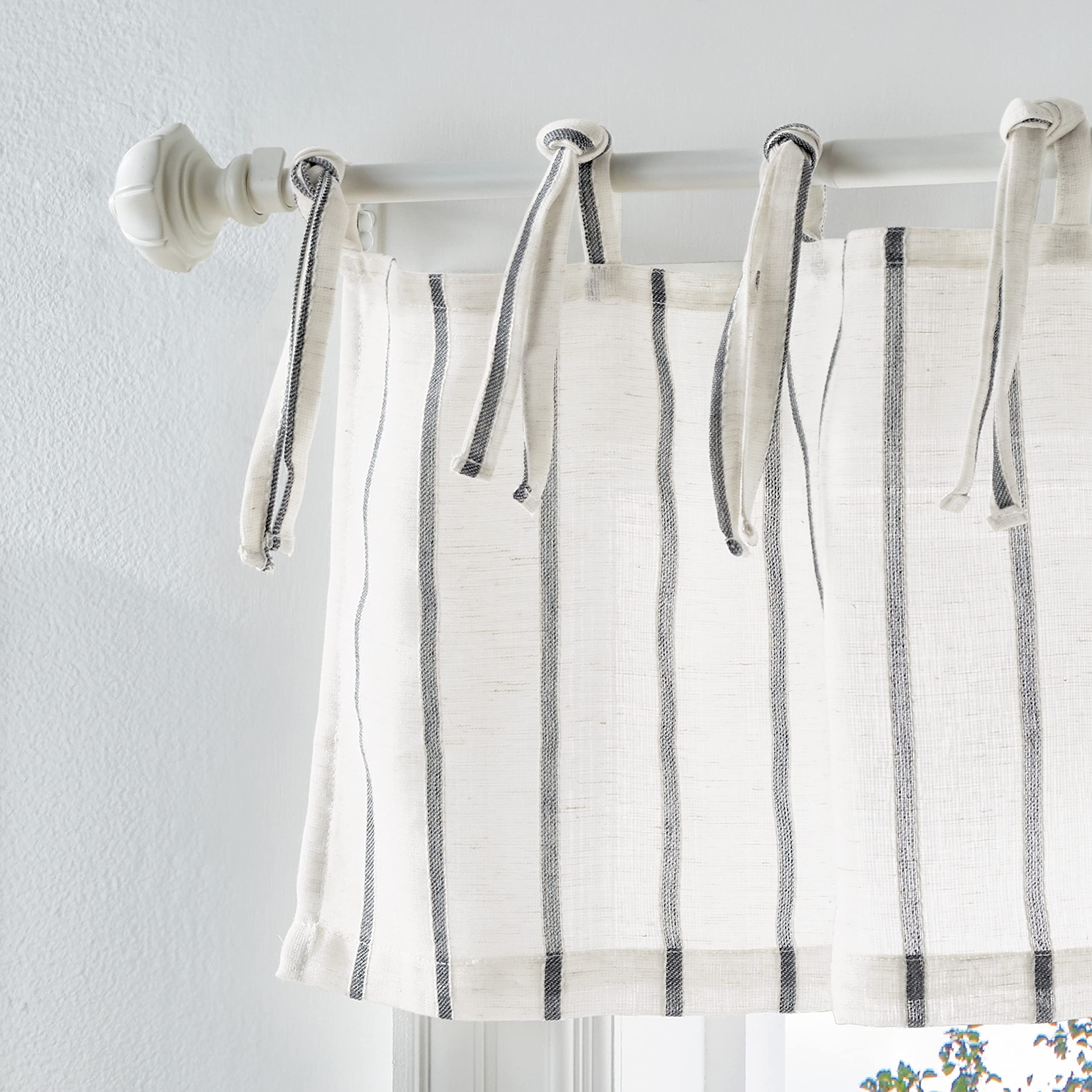 Martha Stewart Laguna Stripe Semi-Sheer Tie Tab Window Curtain Valance and Tiers Set, Grey