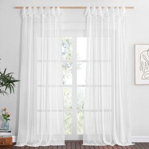 nicetown white linen sheer curtains 84 inch long 2 panels, adjustable tie top diy crafted flax semi sheer privacy with light filtering vertical drapes for bedroom/living room, w52 x l84