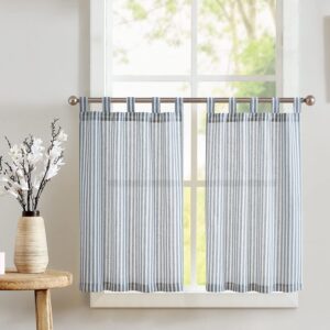 jinchan kitchen curtains linen striped tier curtains 24 inch length ticking stripe cafe curtains pinstripe farmhouse small window curtains tab top for living room bathroom rv 2 panels blue on beige