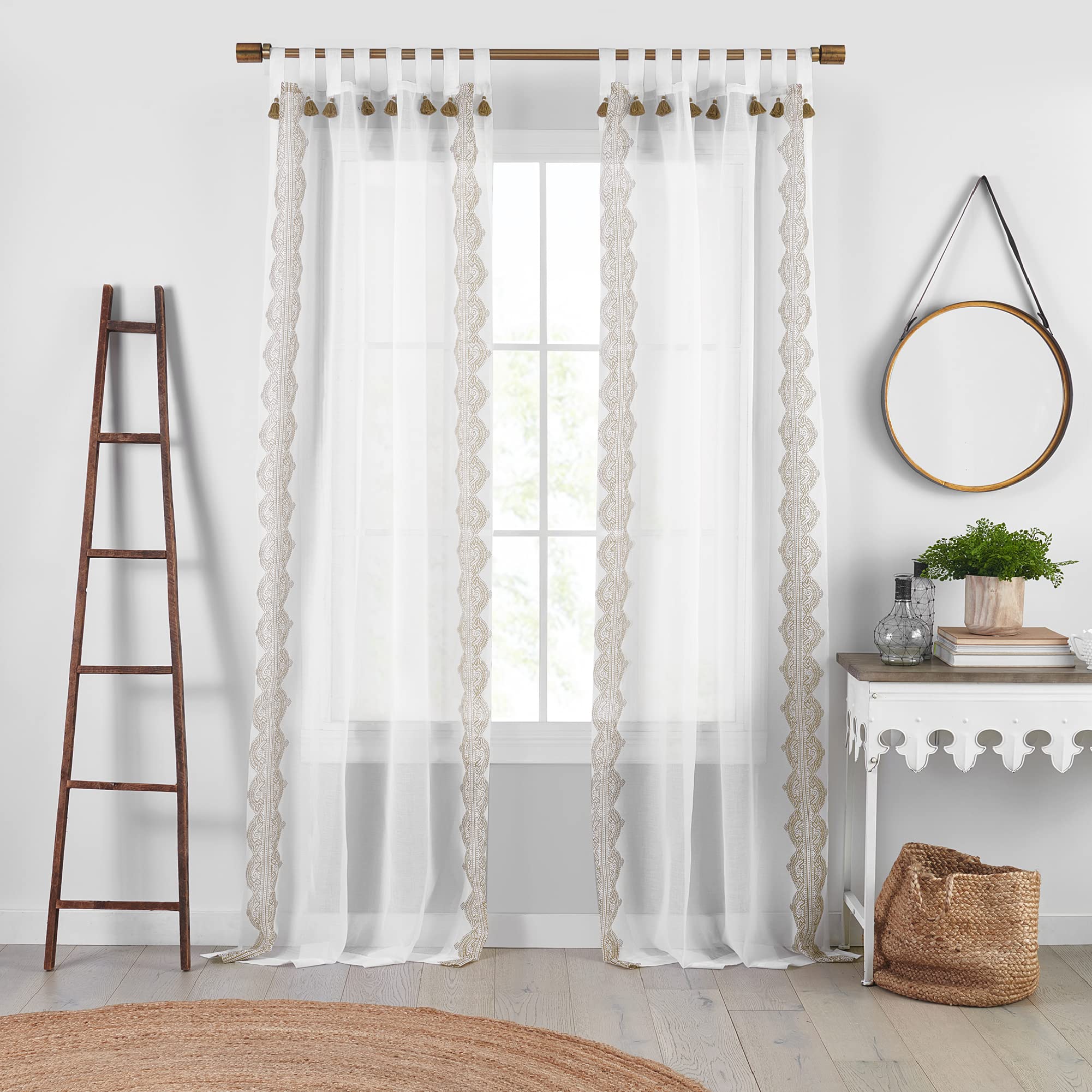 Elrene Home Fashions Shilo Sheer Boho Tab-Top Window Curtain Panel with Tassels, Linen, (52 X 84)