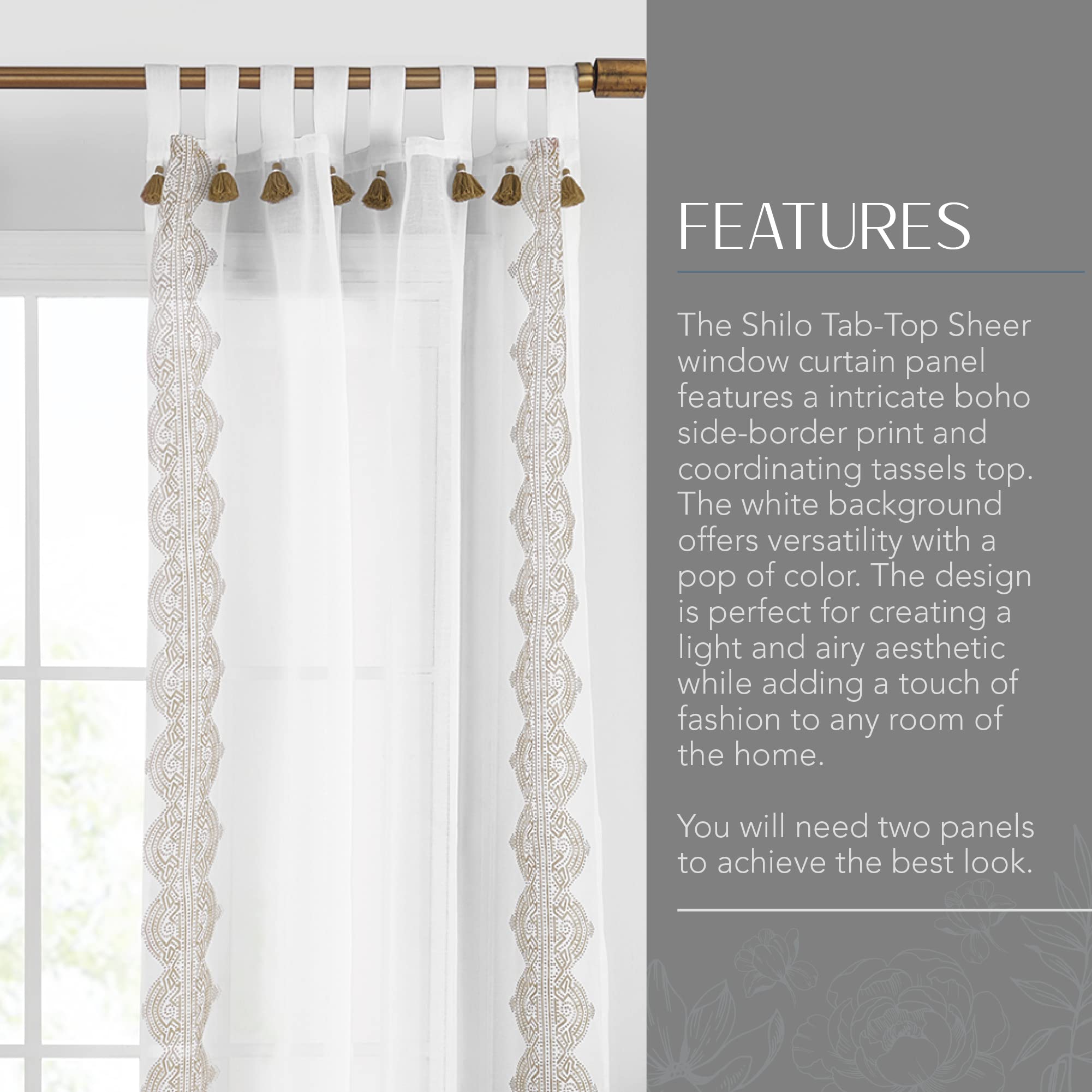 Elrene Home Fashions Shilo Sheer Boho Tab-Top Window Curtain Panel with Tassels, Linen, (52 X 84)