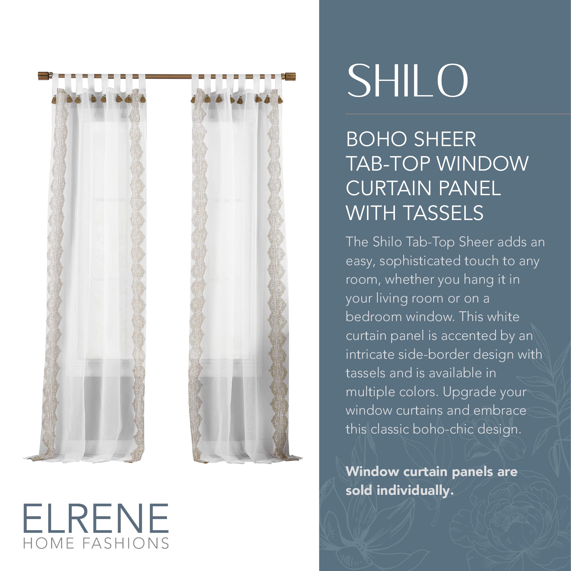 Elrene Home Fashions Shilo Sheer Boho Tab-Top Window Curtain Panel with Tassels, Linen, (52 X 84)