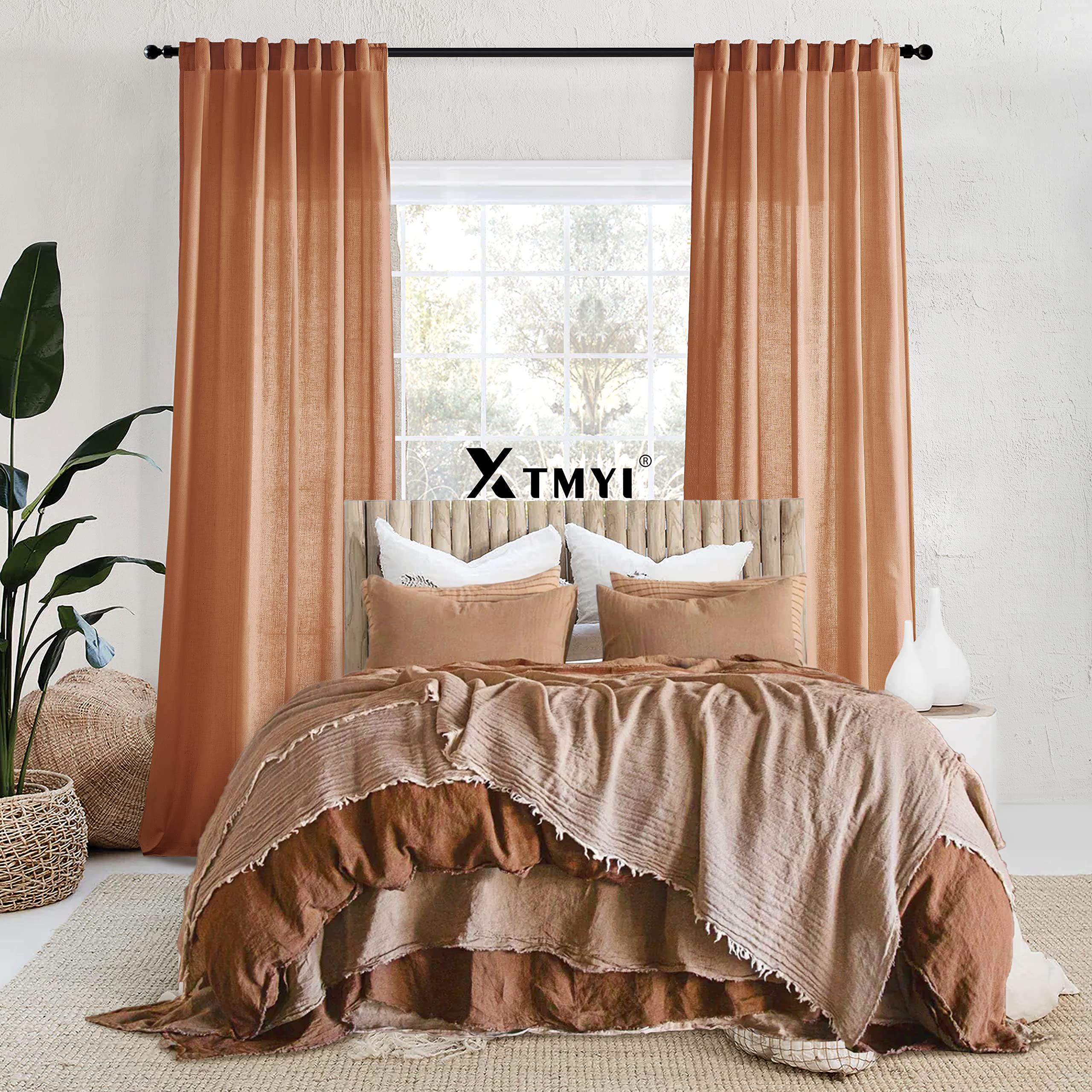 XTMYI Bohemian Rustic Curtains for Living Room Decor 2 Panel Set Linen Cotton Sheer Back Tab Hooks Pleated Fall Curtains for Bedroom Window,Pale Copper Rust Terracotta,96 Inch Long