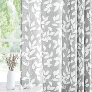 treatmentex white and grey curtains for bedroom 84" length semi-sheer print leaf curtains for living room windows, grommet top, 2 pack