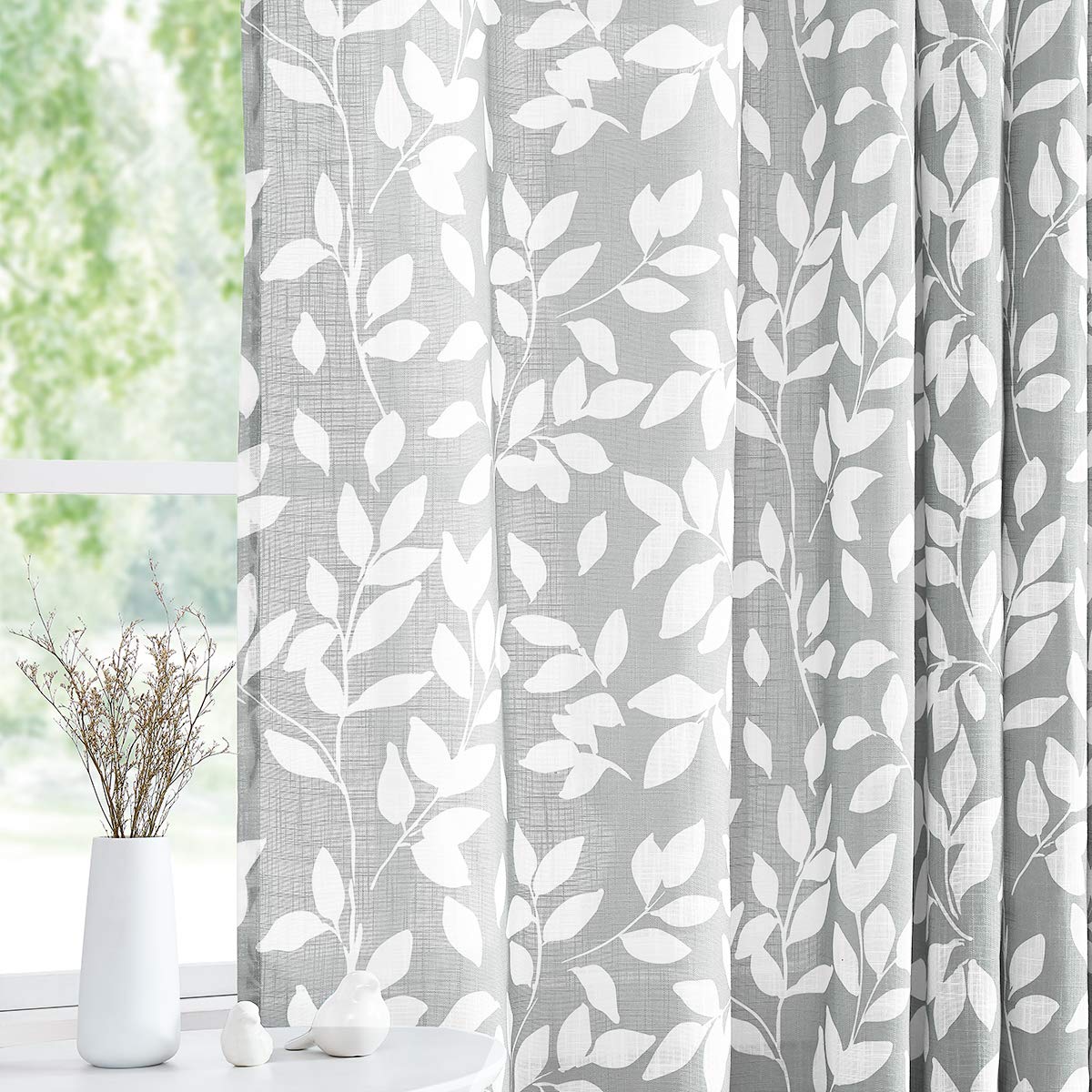 Treatmentex White and Grey Curtains for Bedroom 84" Length Semi-Sheer Print Leaf Curtains for Living Room Windows, Grommet Top, 2 Pack