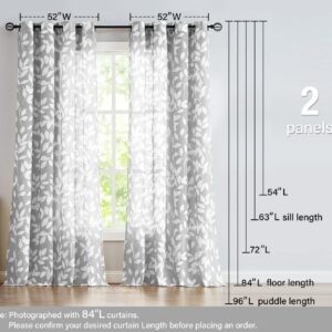 Treatmentex White and Grey Curtains for Bedroom 84" Length Semi-Sheer Print Leaf Curtains for Living Room Windows, Grommet Top, 2 Pack