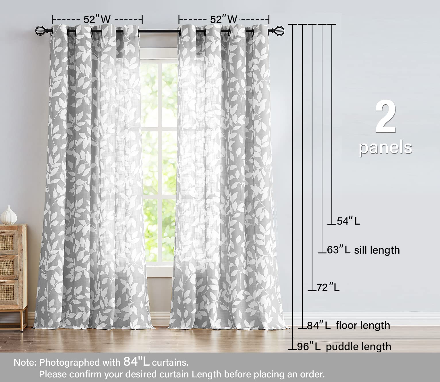 Treatmentex White and Grey Curtains for Bedroom 84" Length Semi-Sheer Print Leaf Curtains for Living Room Windows, Grommet Top, 2 Pack