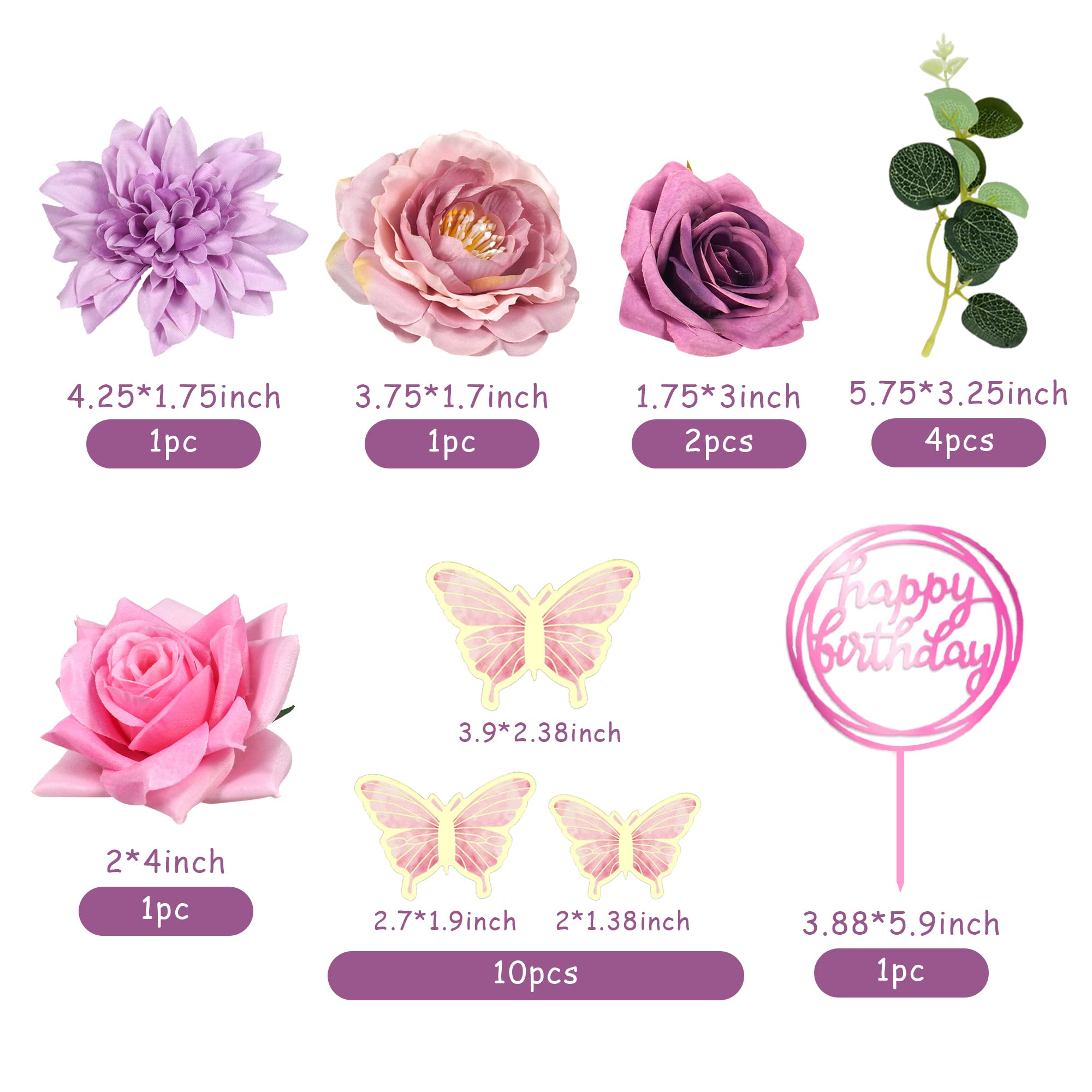 20 PCS Flower Cake Toppers Butterfly Cake Decorations Happy Birthday Cake Toppers with Pink Purple Flowers Eucalyptus Butterflies for Birthday Party Wedding Baby Shower Supplies (Pink Purple)