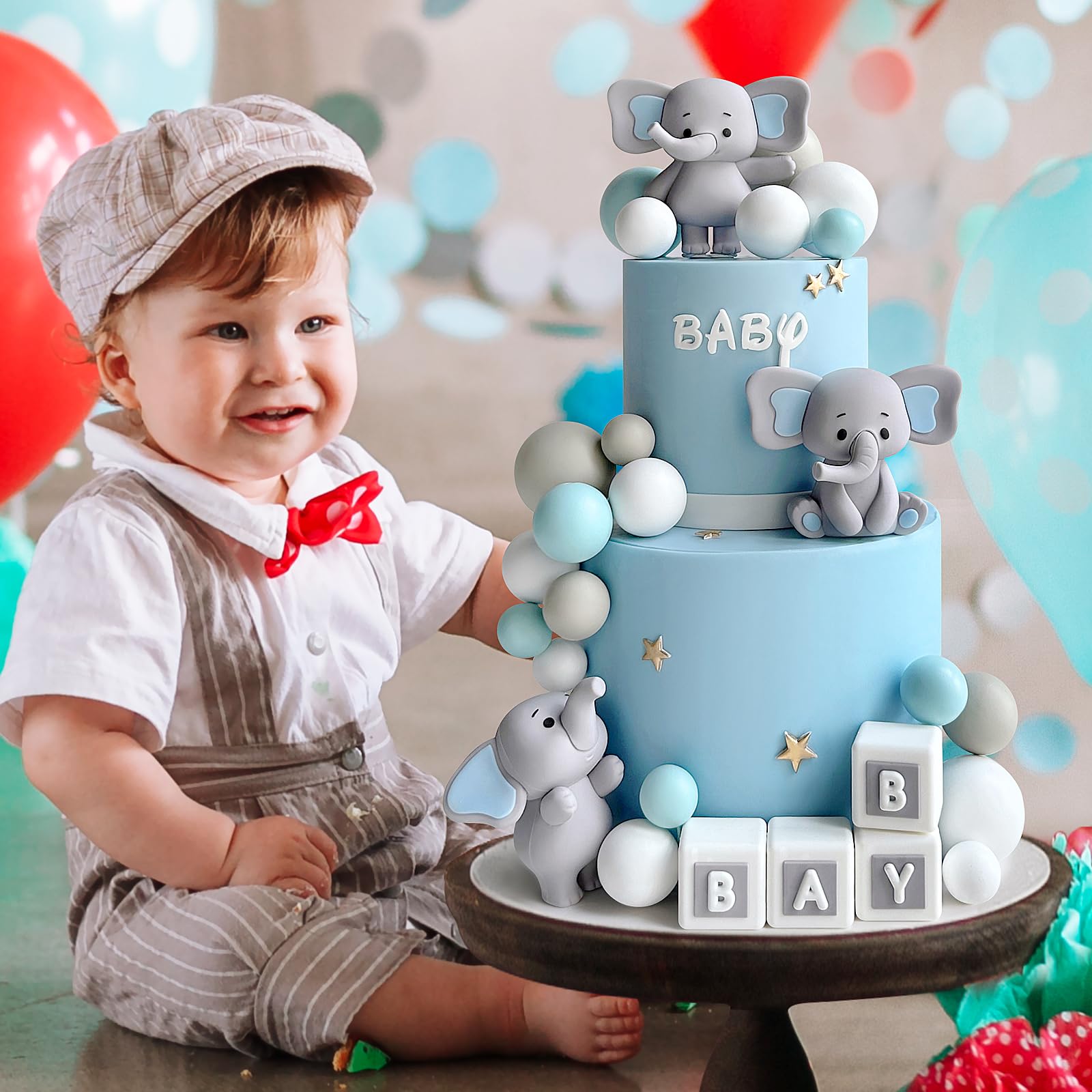 28 Pcs Elephant Cake Toppers Balls Cake Decorations DIY Cake Topper for Boy Girl Baby Shower Birthday Party Decorations (Blue)