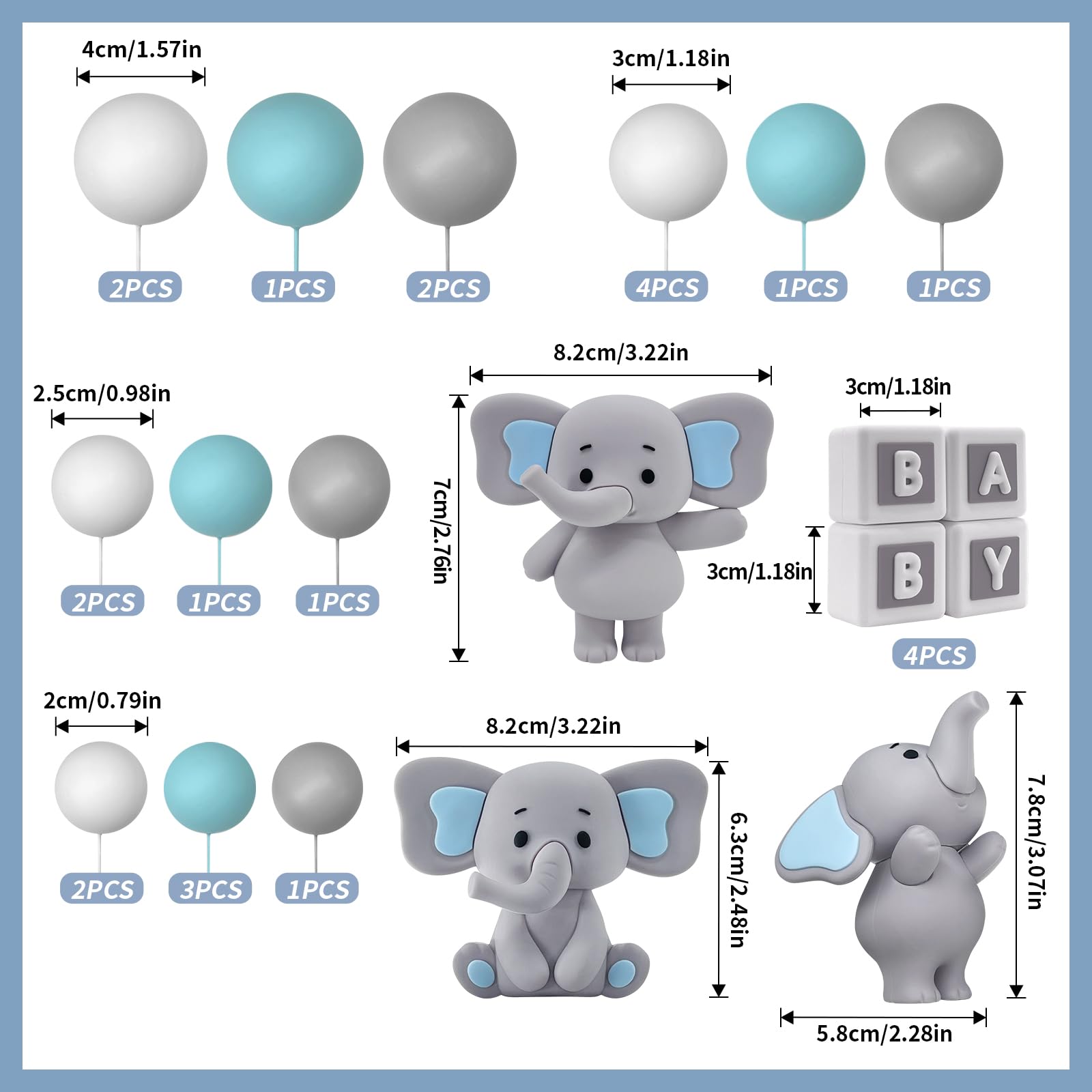 28 Pcs Elephant Cake Toppers Balls Cake Decorations DIY Cake Topper for Boy Girl Baby Shower Birthday Party Decorations (Blue)