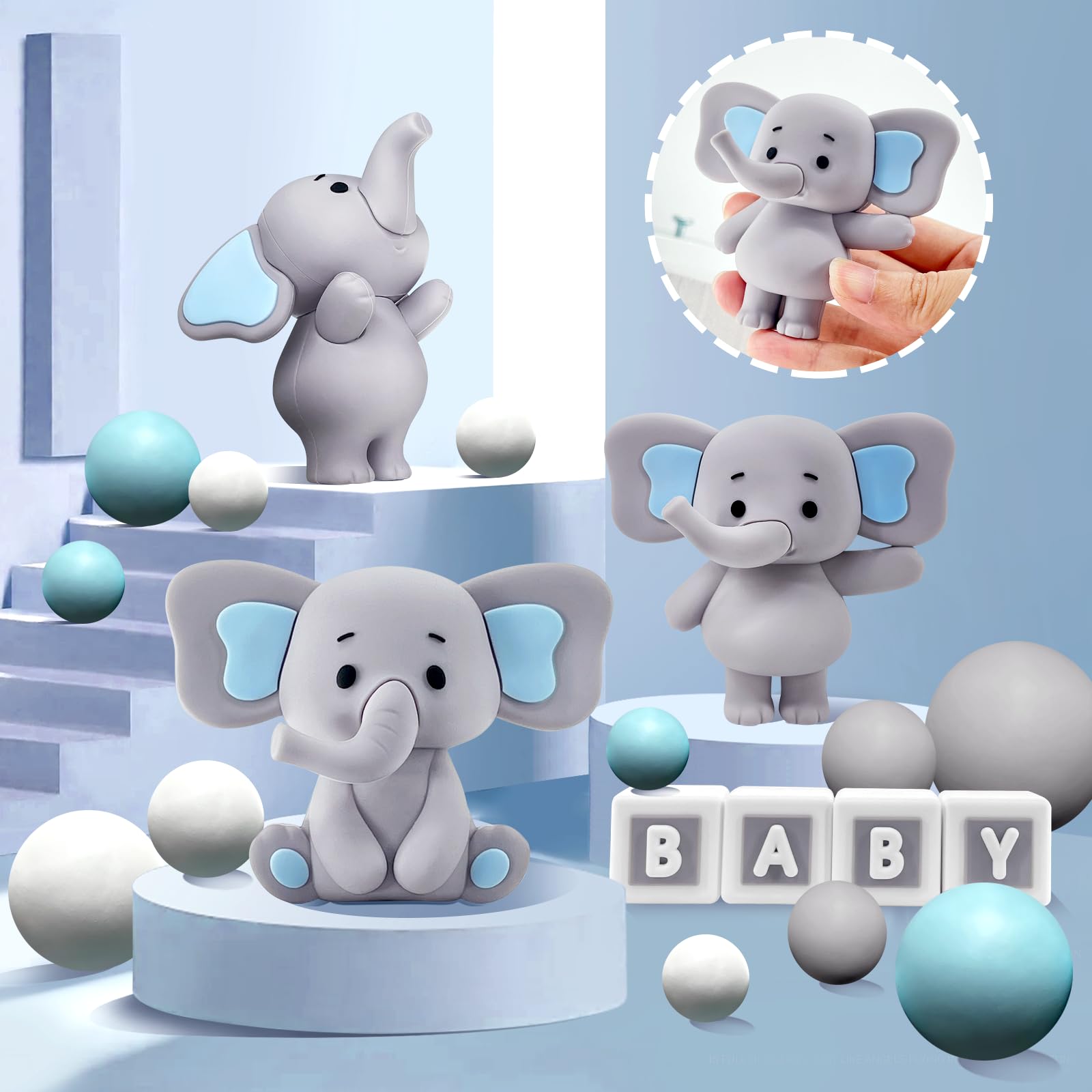 28 Pcs Elephant Cake Toppers Balls Cake Decorations DIY Cake Topper for Boy Girl Baby Shower Birthday Party Decorations (Blue)