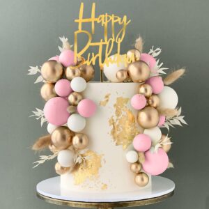 pink balls cake topper boho grass cake topper pink white gold pearl balls happy birthday cake decorations for wedding baby shower birthday boho themed party supplies (pink)