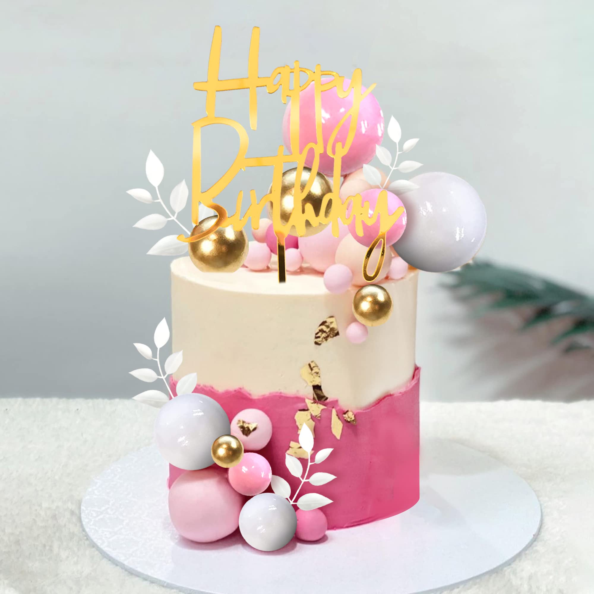 Pink Balls Cake Topper Boho Grass Cake topper Pink White Gold Pearl Balls Happy Birthday Cake Decorations for Wedding Baby Shower Birthday Boho Themed Party Supplies (Pink)