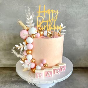 Pink Balls Cake Topper Boho Grass Cake topper Pink White Gold Pearl Balls Happy Birthday Cake Decorations for Wedding Baby Shower Birthday Boho Themed Party Supplies (Pink)