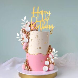 Pink Balls Cake Topper Boho Grass Cake topper Pink White Gold Pearl Balls Happy Birthday Cake Decorations for Wedding Baby Shower Birthday Boho Themed Party Supplies (Pink)