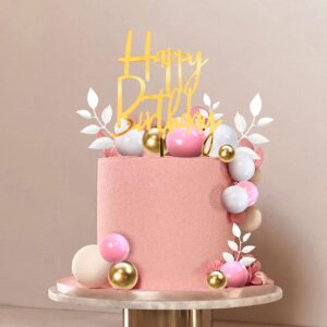 Pink Balls Cake Topper Boho Grass Cake topper Pink White Gold Pearl Balls Happy Birthday Cake Decorations for Wedding Baby Shower Birthday Boho Themed Party Supplies (Pink)