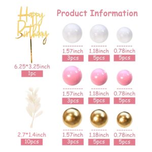 Pink Balls Cake Topper Boho Grass Cake topper Pink White Gold Pearl Balls Happy Birthday Cake Decorations for Wedding Baby Shower Birthday Boho Themed Party Supplies (Pink)