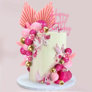 29 pcs flower boho cake topper balls cake decorations with hot pink and gold balls palm leaves artificial plants for wedding baby shower oh baby boys girls birthday themed party supplies (hot pink)