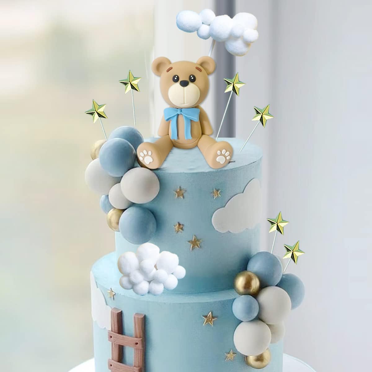 Bear Cake Toppers Bear Balls Cake Decorations with Stars Clouds Cake Toppers for Boy Girl Baby Shower Birthday Party Decorations (Blue Bear Set)